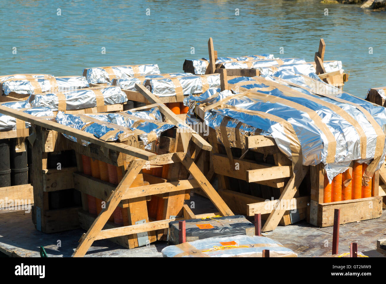 Floating pontoon set up with primed fireworks for show display at Port ...