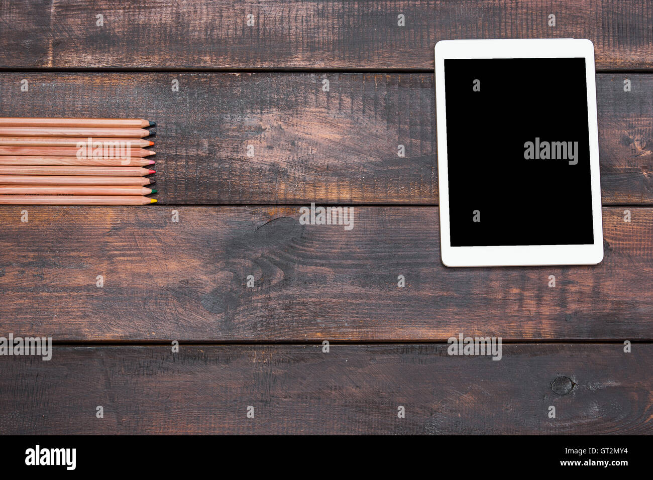 Office desk table with laptop, pencils Stock Photo - Alamy