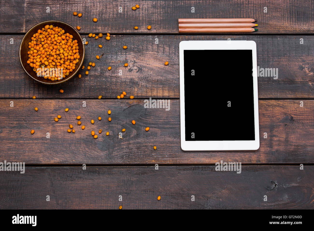 Office desk table with laptop, pencils Stock Photo - Alamy