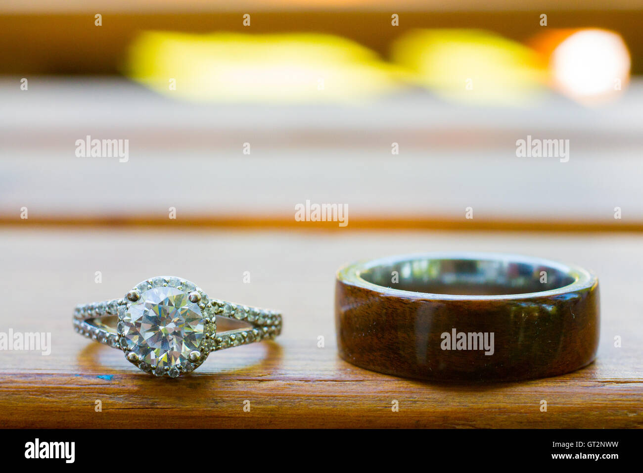 Wedding Rings on Bench Stock Photo - Alamy