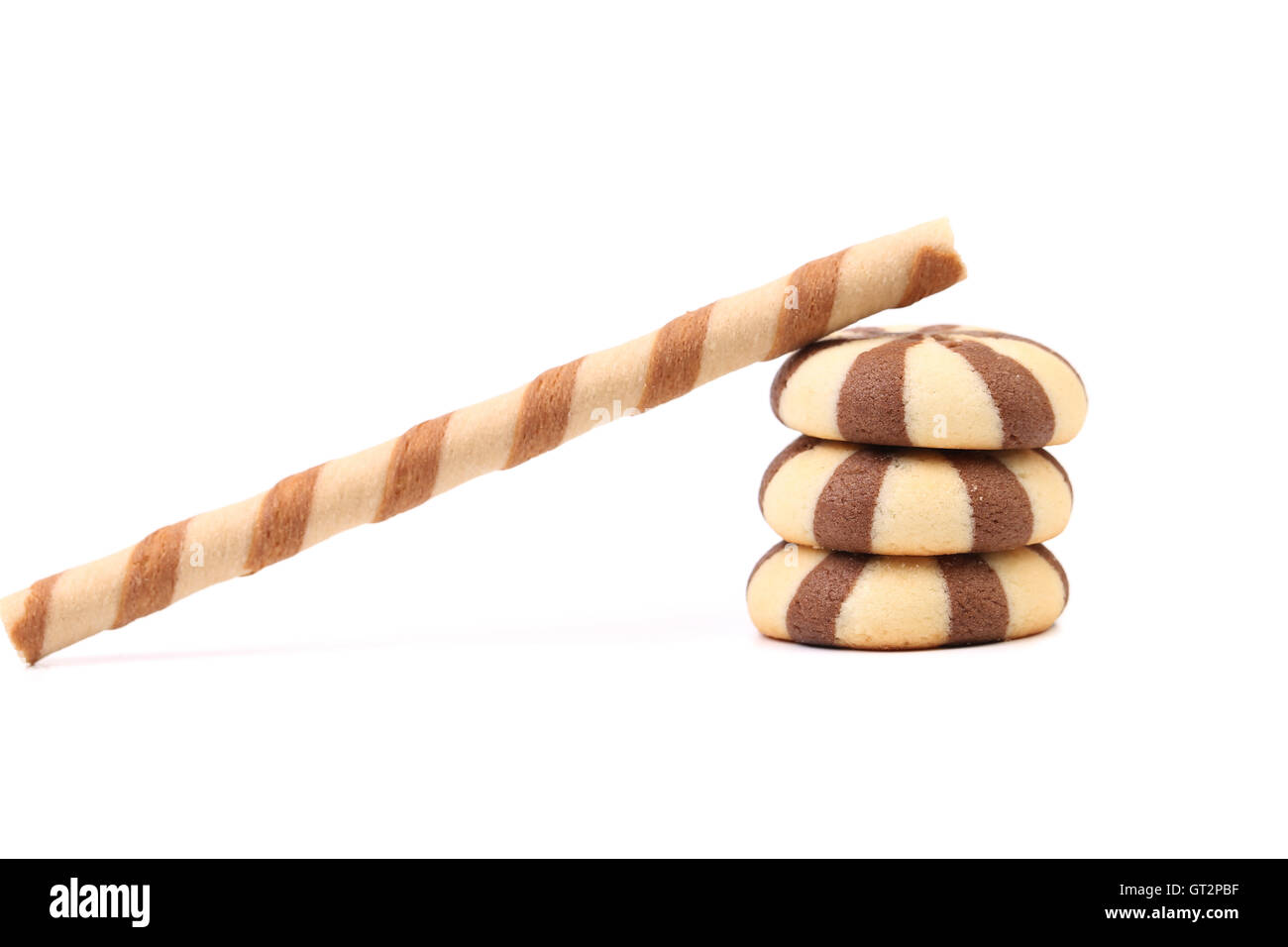 Striped chocolate wafer rolls and stake biscuits Stock Photo - Alamy