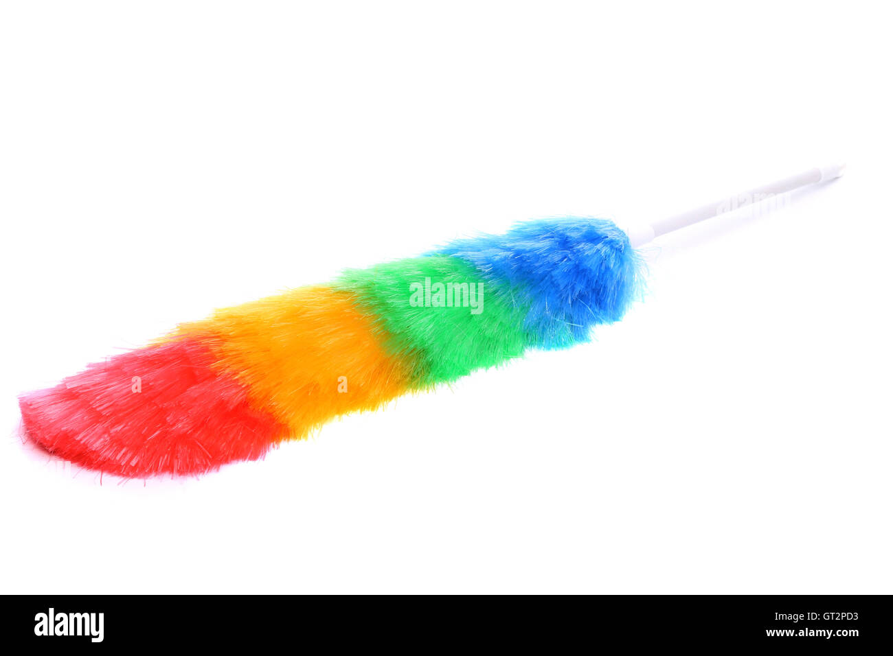 Soft colorful duster with plastic handle close-up Stock Photo - Alamy