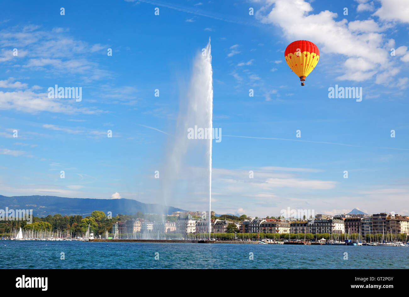 Geneva water jet on Lake Leman at summer Stock Photo - Alamy