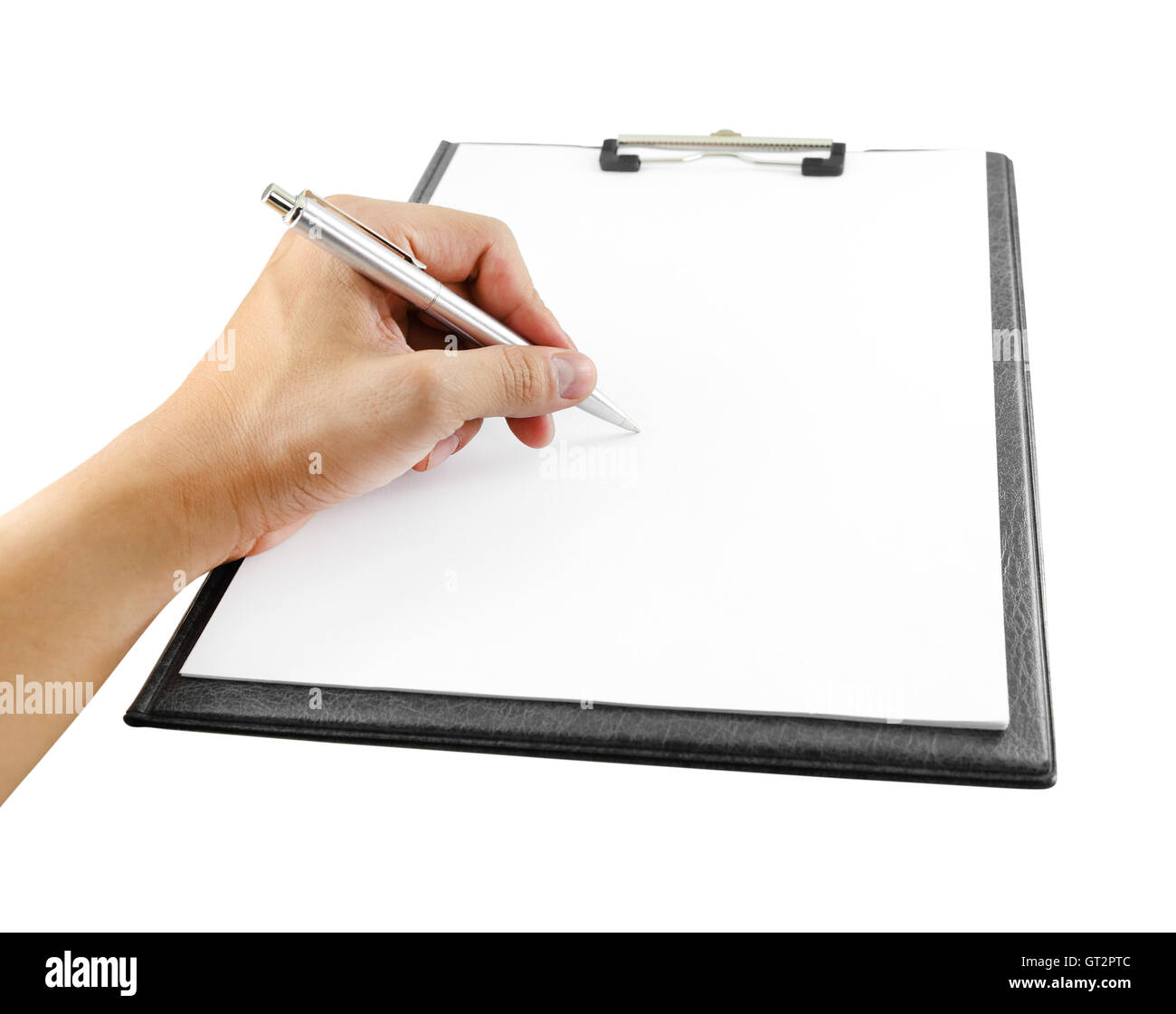 hand with pen writing on clipboard Stock Photo - Alamy