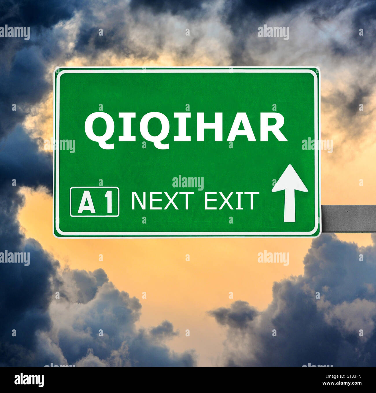 QIQIHAR road sign against clear blue sky Stock Photo - Alamy