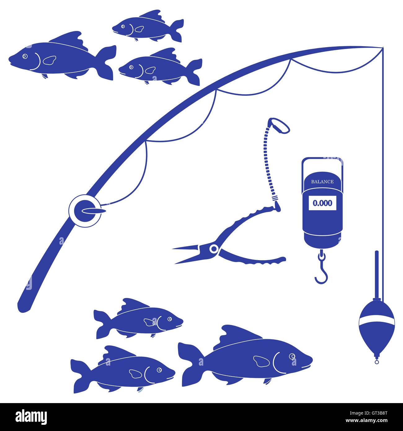Stylized icon set of different tools for fishing and flocks of fish on ...