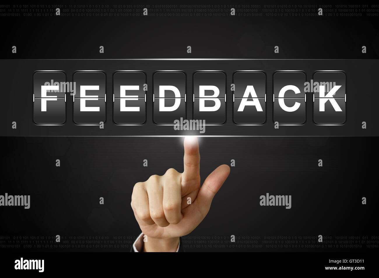 business hand pushing feedback on Flipboard Display Stock Photo - Alamy