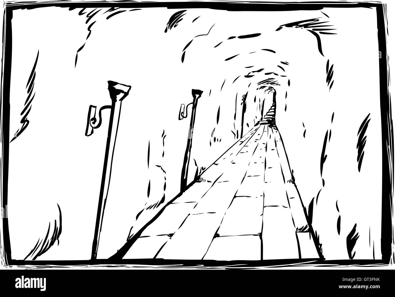 Long unlit dungeon passage with stone block floor outline sketch Stock ...