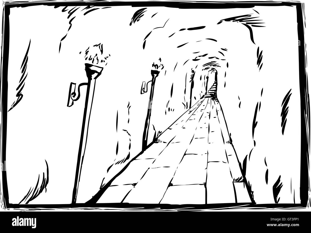 Outline sketch of burning flame torches on wall in deep underground ...