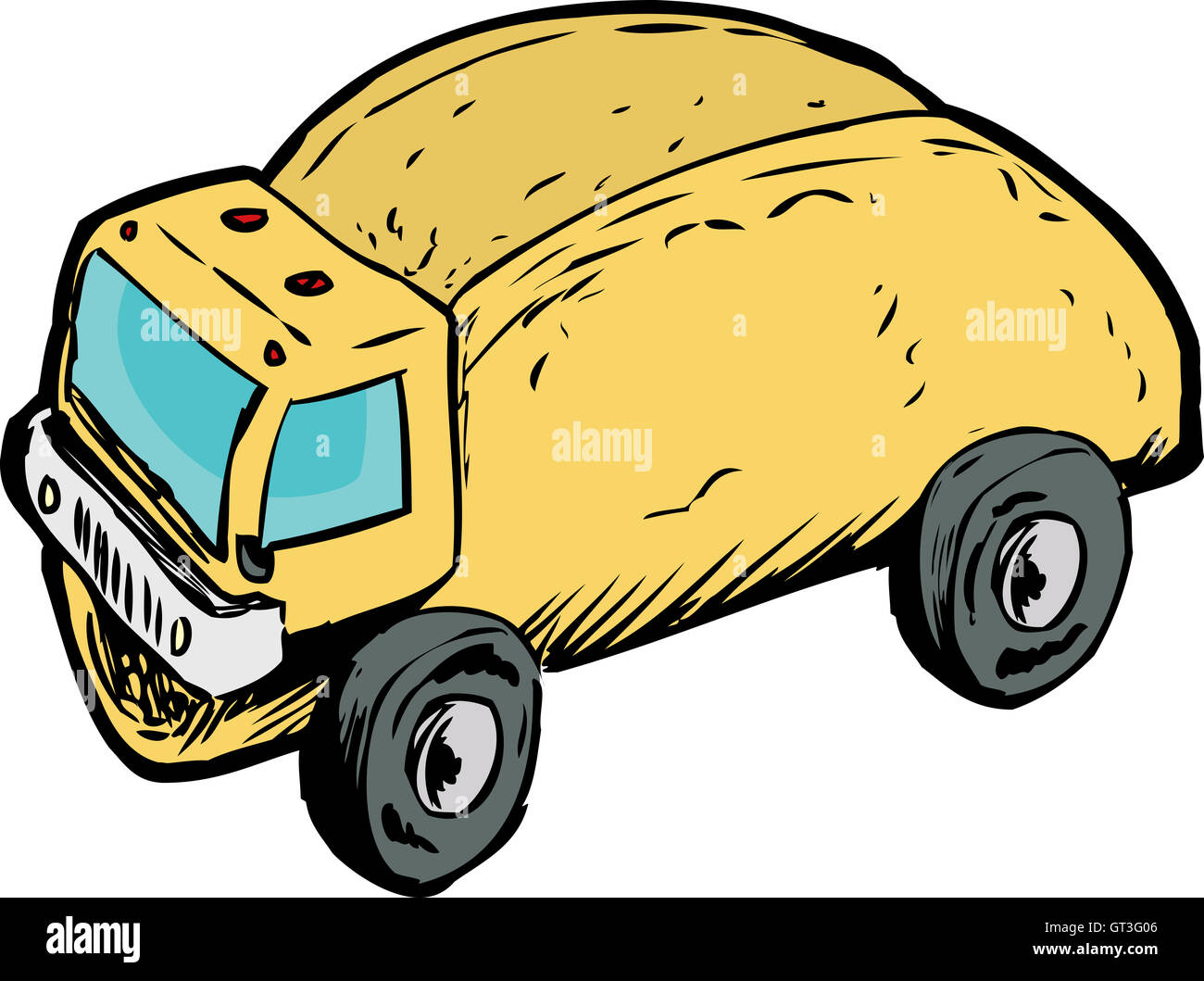 Funny wordplay of empty corn taco shell as dump truck over white ...