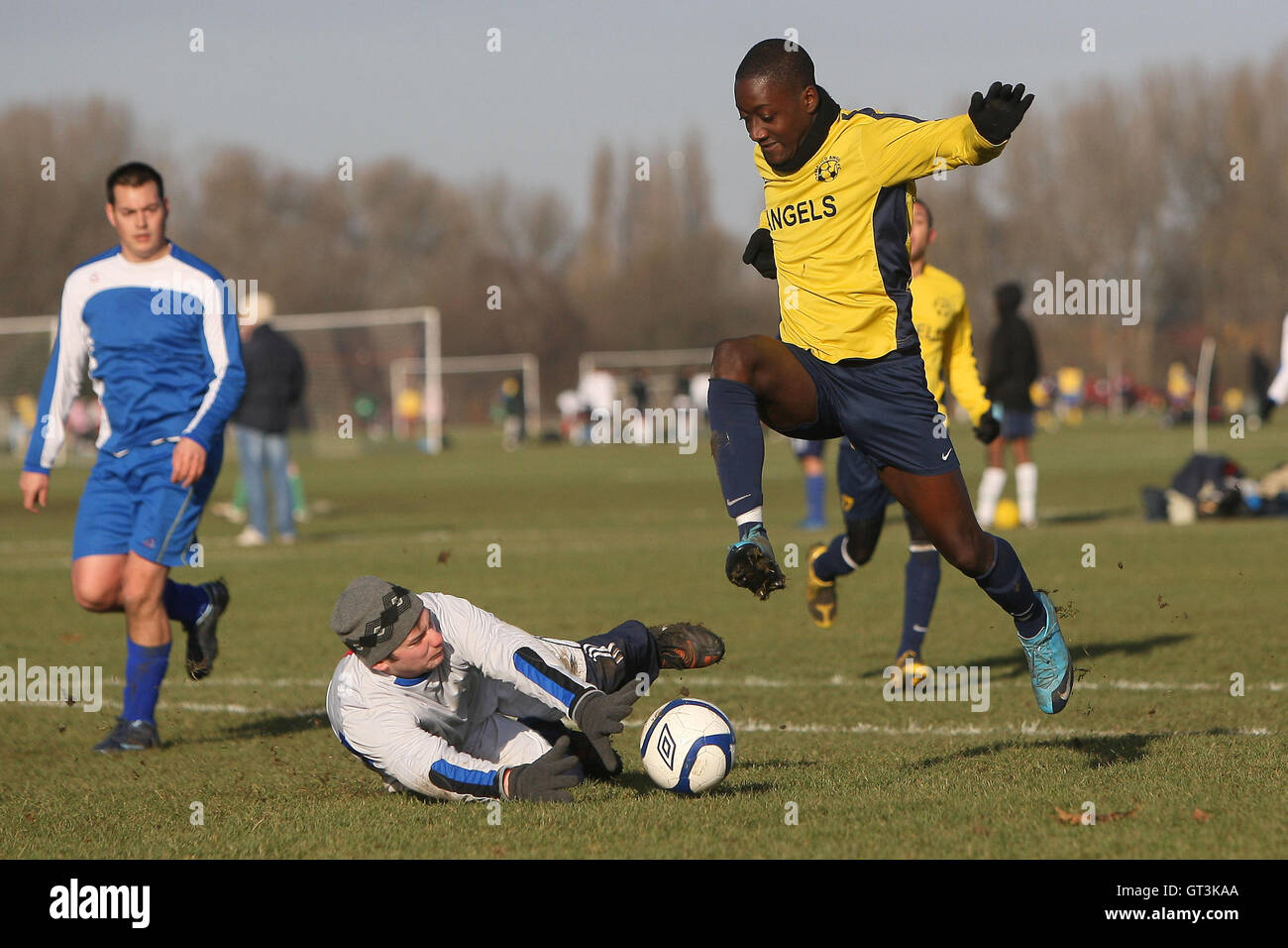 Athletico Angels (yellow) vs Wenlock Arms (blue) - Hackney & Leyton League Football at South ...