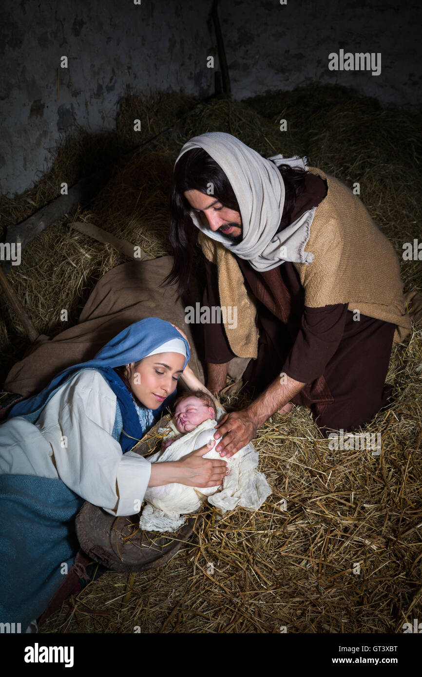 Live Christmas nativity scene in an old barn - Reenactment play with ...