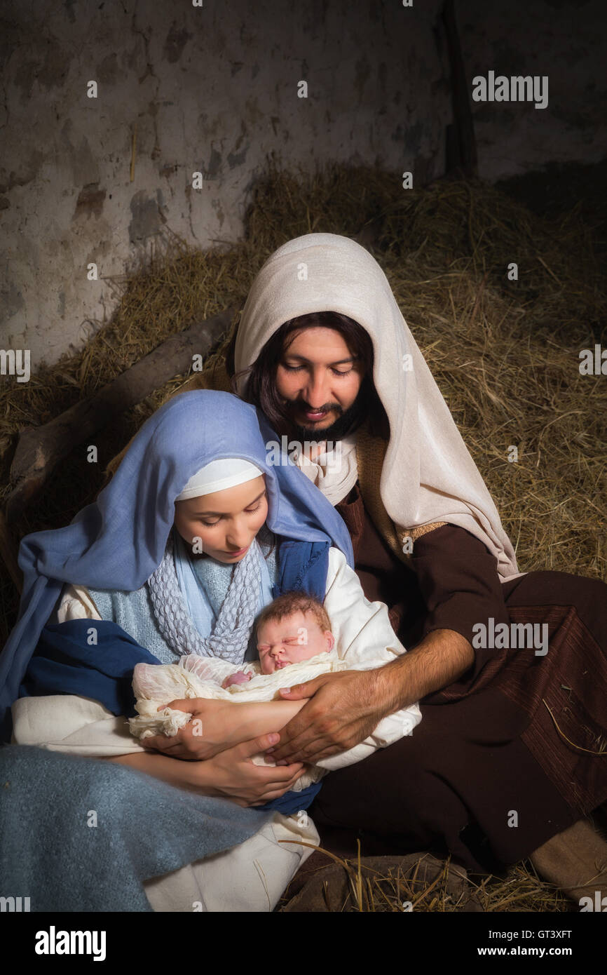 Live Christmas nativity scene in an old barn - Reenactment play with ...
