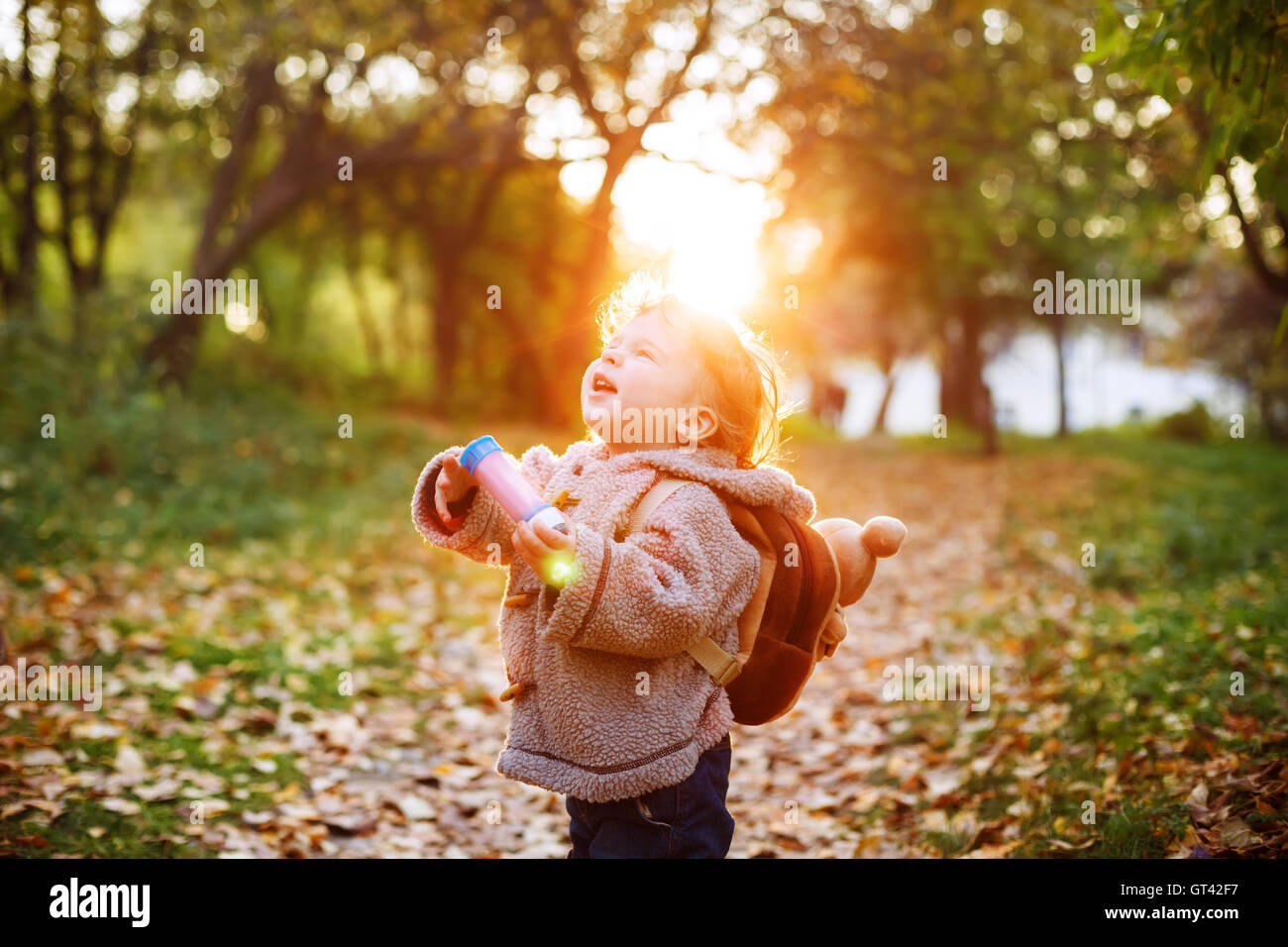 Happy kid boy in autumn park walking outdoors, sunshine around Stock ...