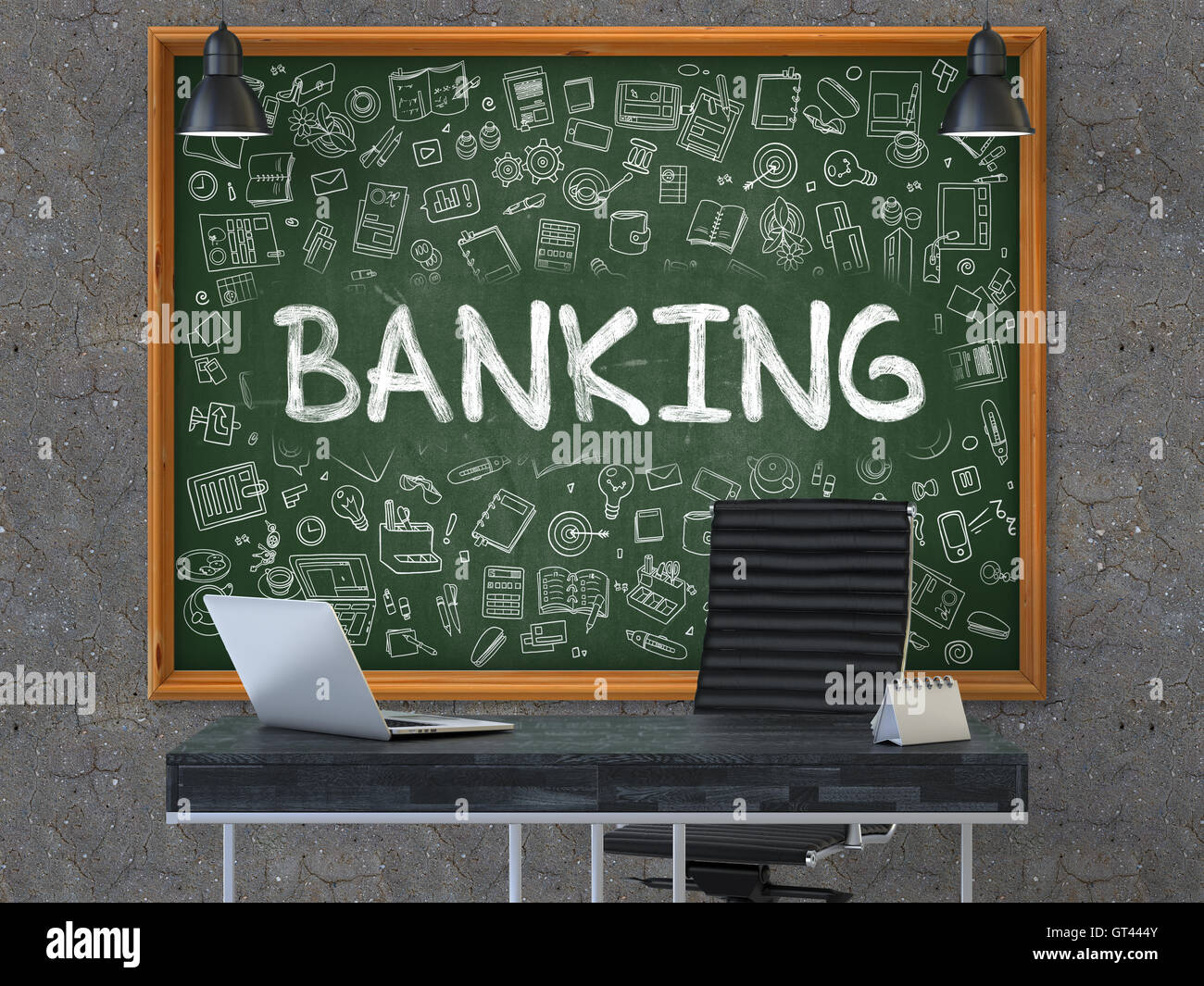 Banking Concept. Doodle Icons on Chalkboard. 3D Illustration Stock ...