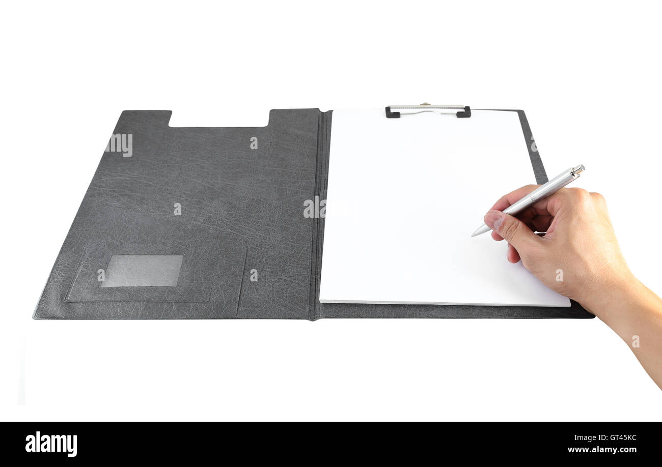 hand with pen writing on clipboard Stock Photo - Alamy