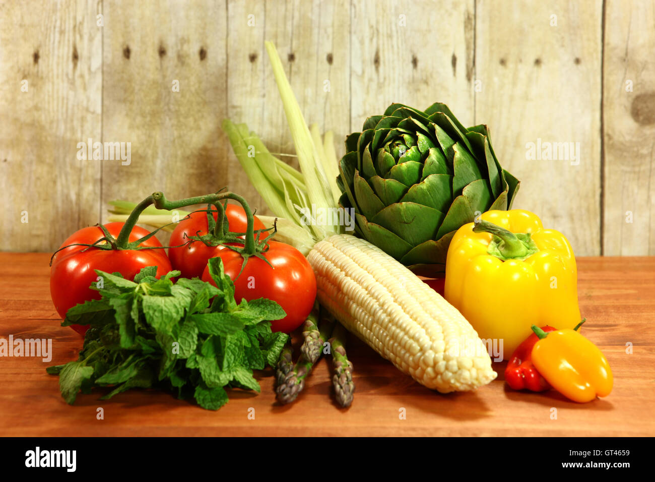 Grocery Produce Items on a Wooden Plank Stock Photo - Alamy