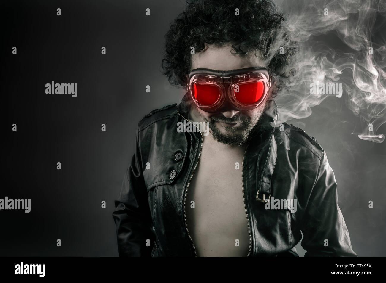 Man with leather jacket and smoke coming out of your body heat c Stock ...