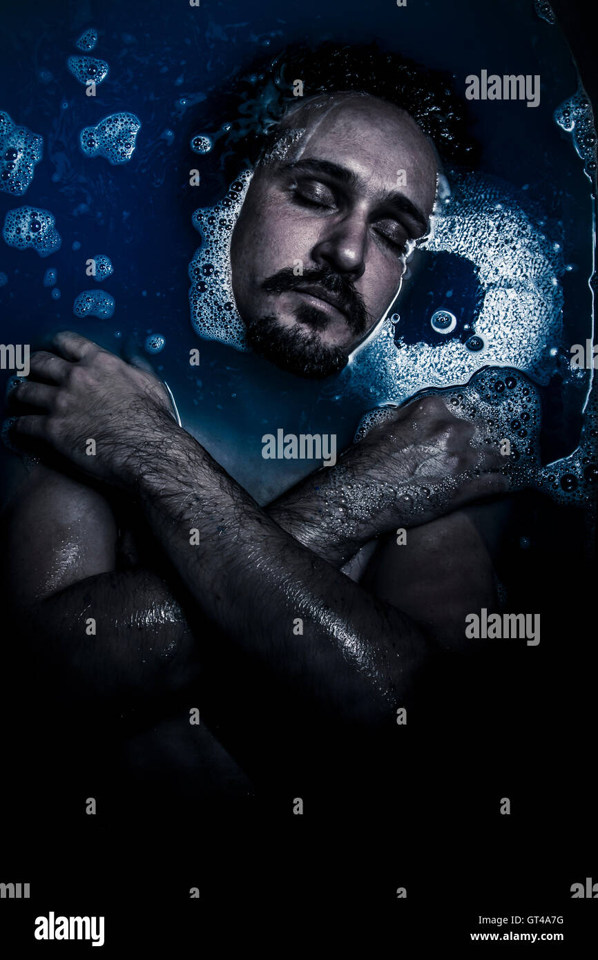 Man on water, melancholy and suicide, sadness and depression con Stock ...