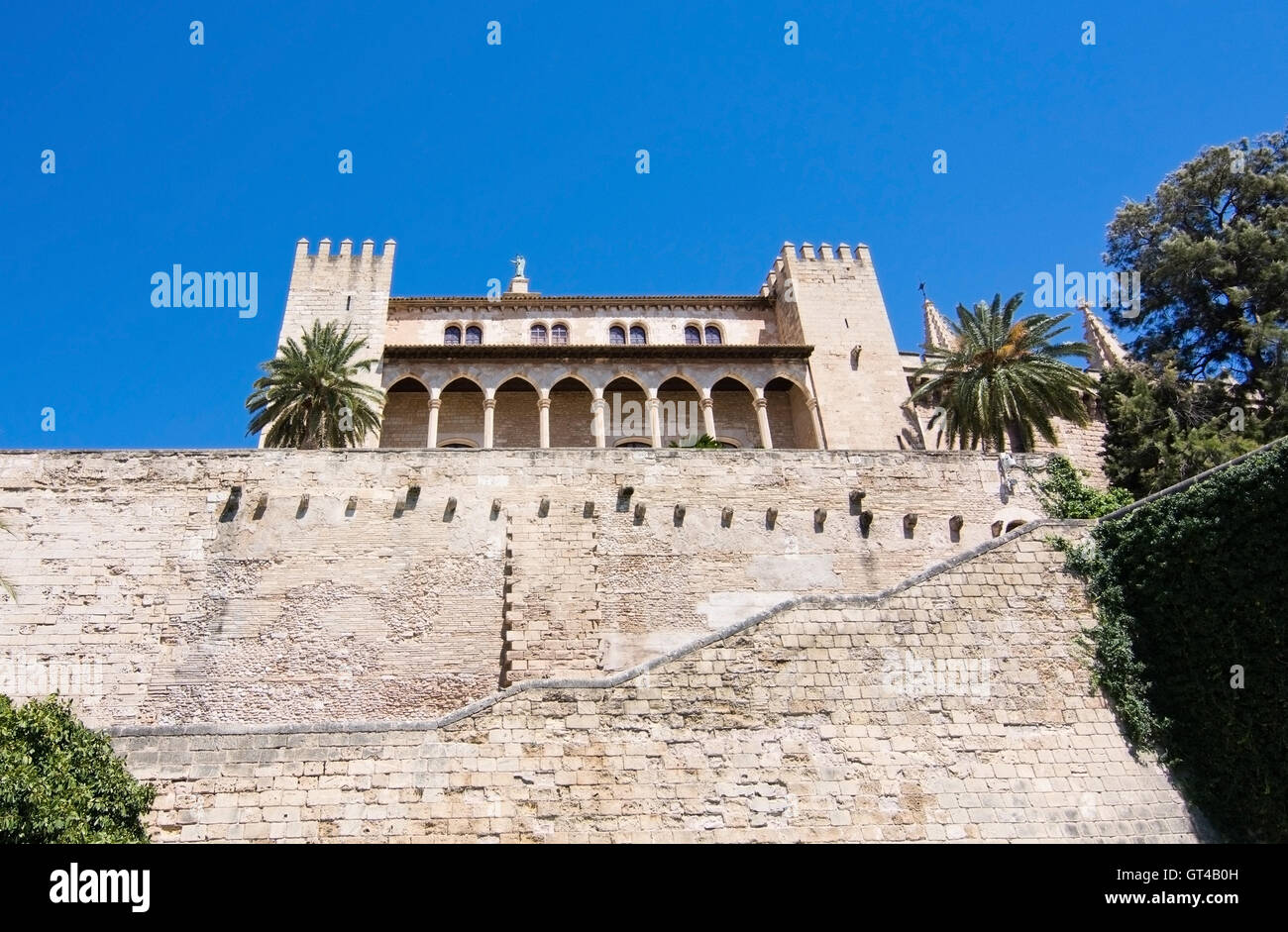 Almudaina palace and stone wall seen from Dalt Murada in Palma de ...