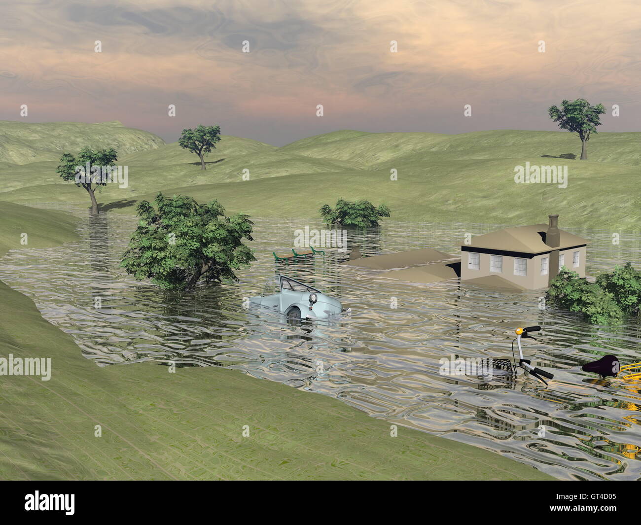 Flooded landscape - 3D render Stock Photo - Alamy
