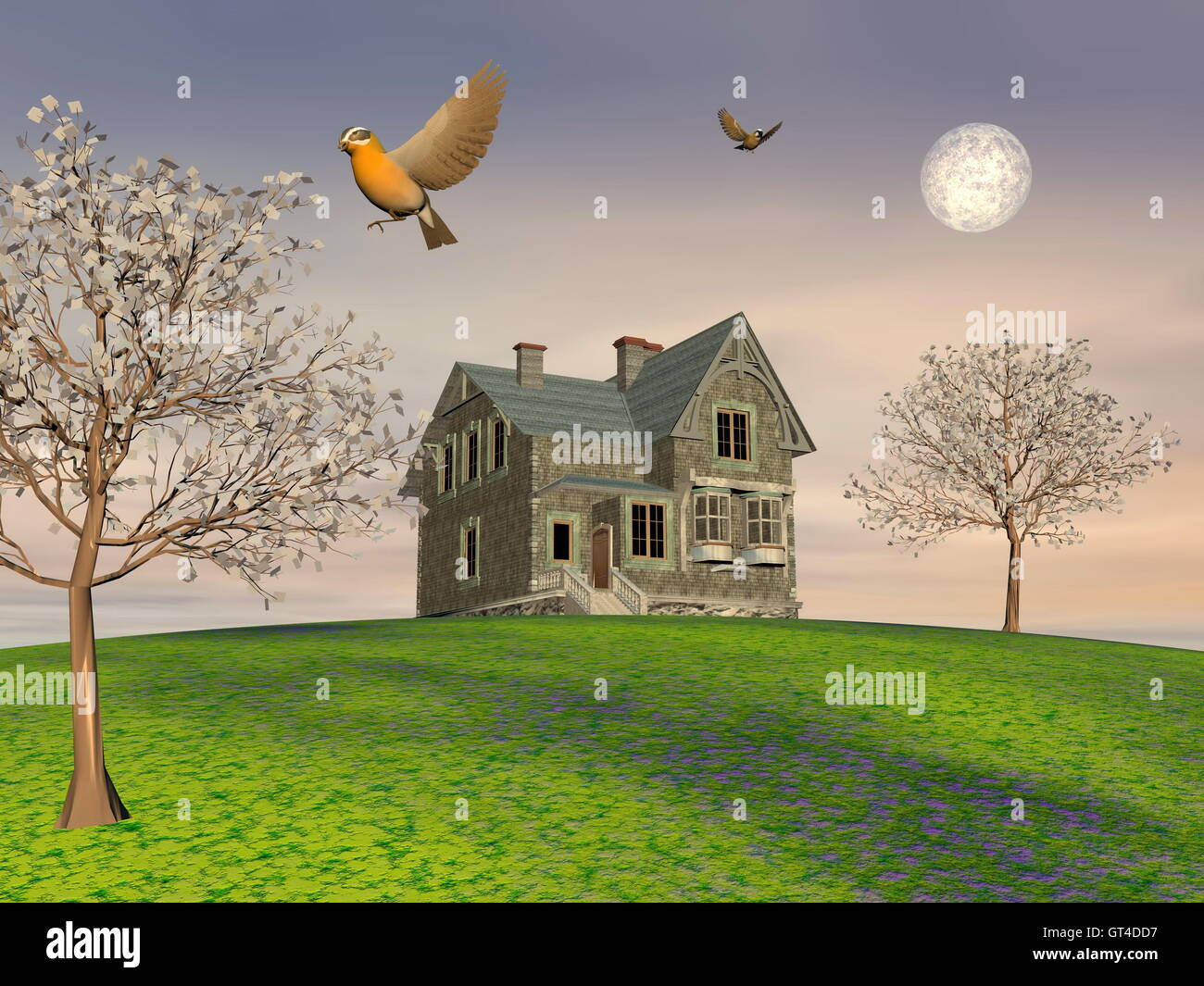 Cute cottage - 3D render Stock Photo - Alamy
