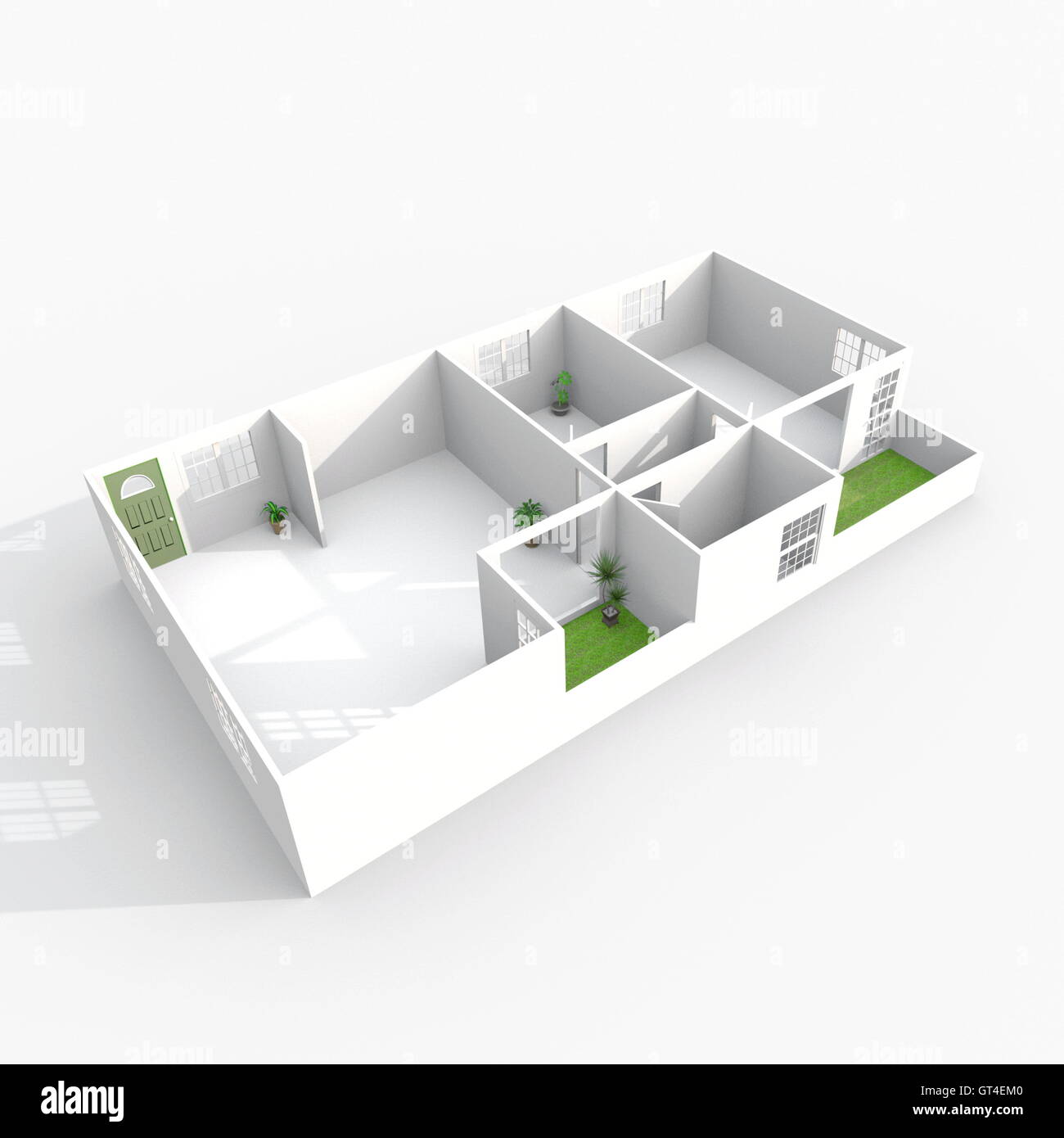 3d interior rendering perspective view of empty paper model home ...