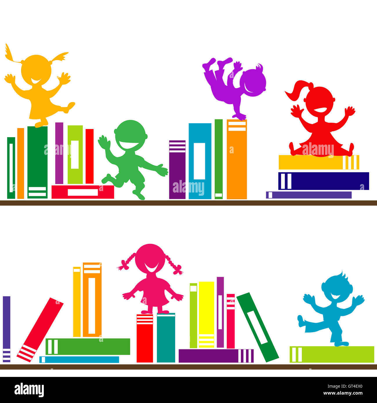 Shelves with books and kids playing Stock Photo - Alamy