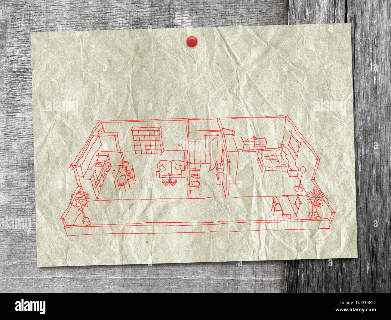 2d red pen freehand sketch drawing of empty home apartment on old paper ...