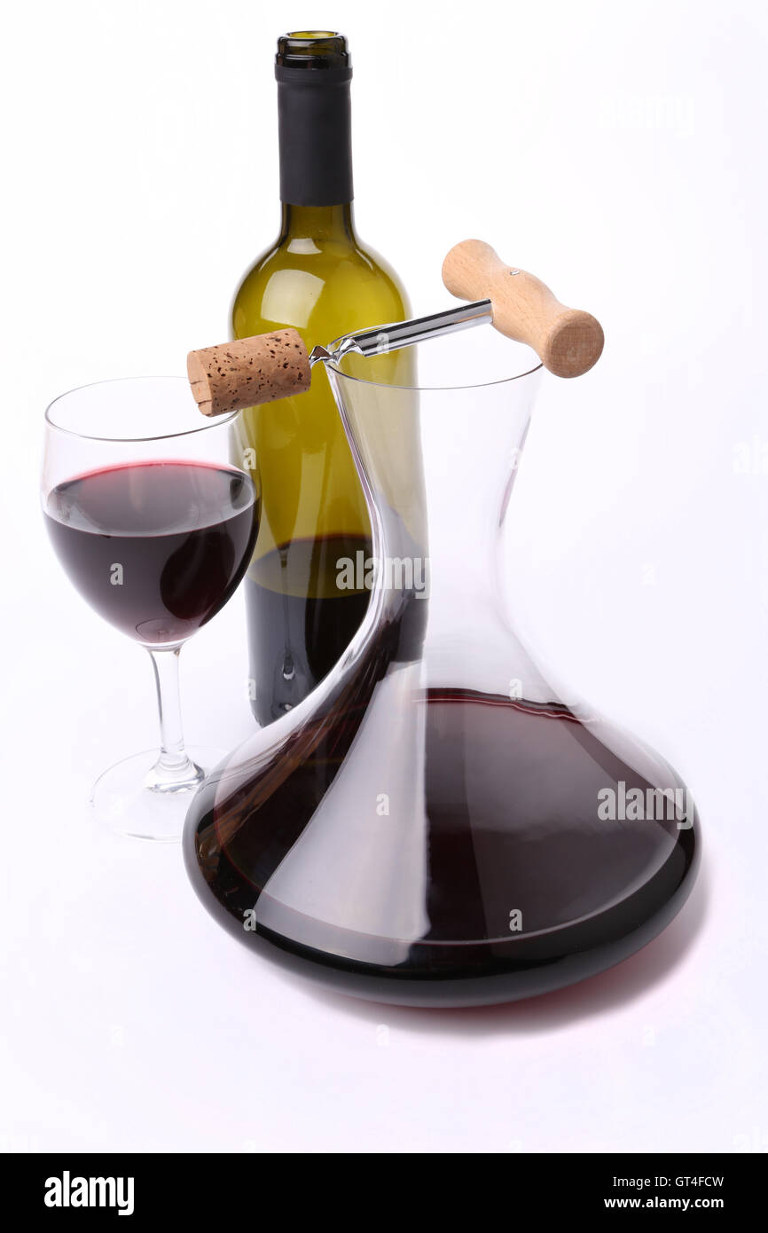 Decanter, bottle and glass with red wine top view Stock Photo - Alamy