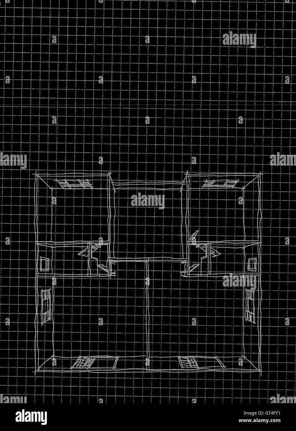 2d freehand sketch drawing of empty home apartment on black squared ...