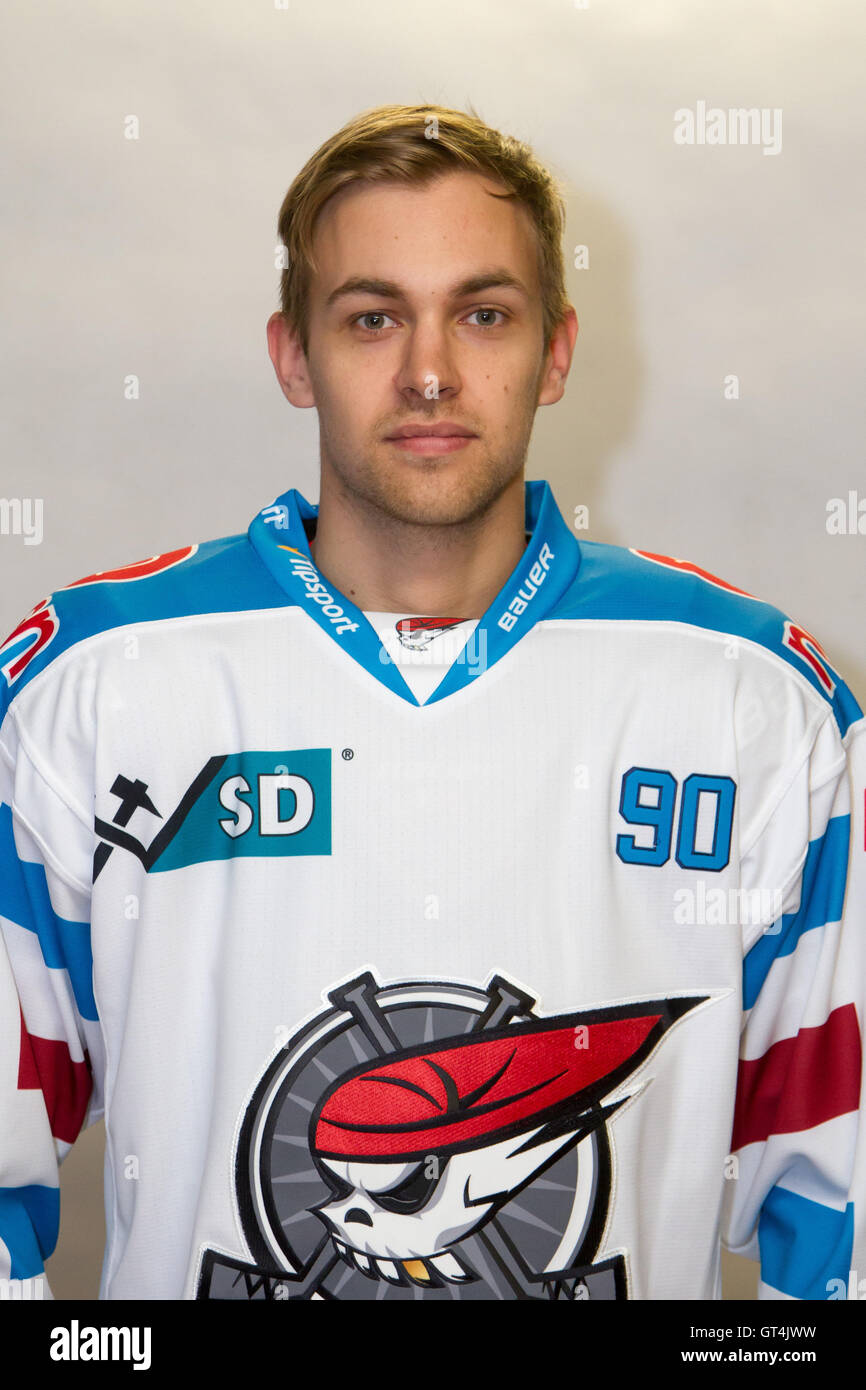 Hockey player of team Pirati Chomutov Jan Rutta poses for photographer ...