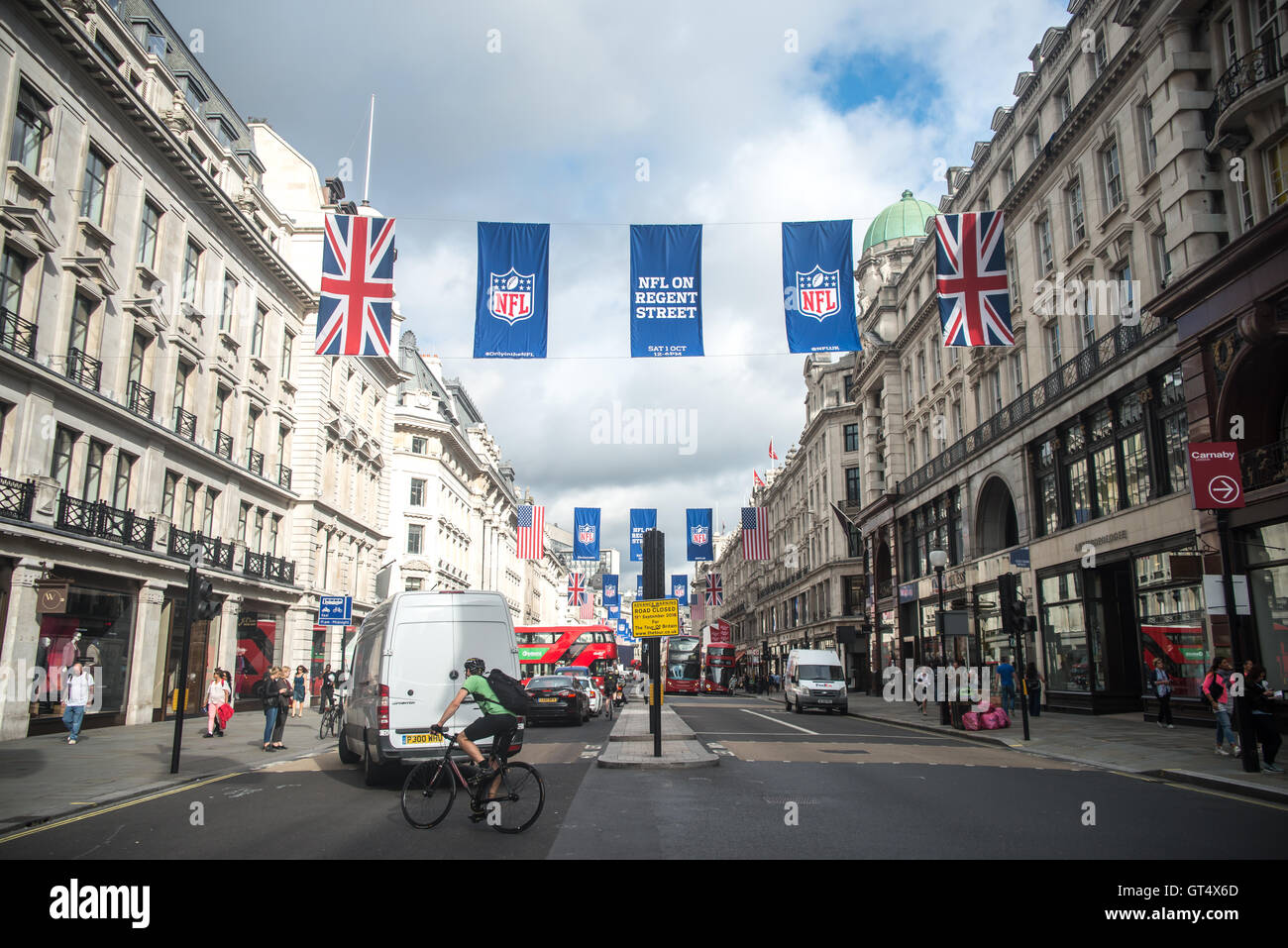 London UK. 9th September 2016. NFL flags fly on Regent Street to ...