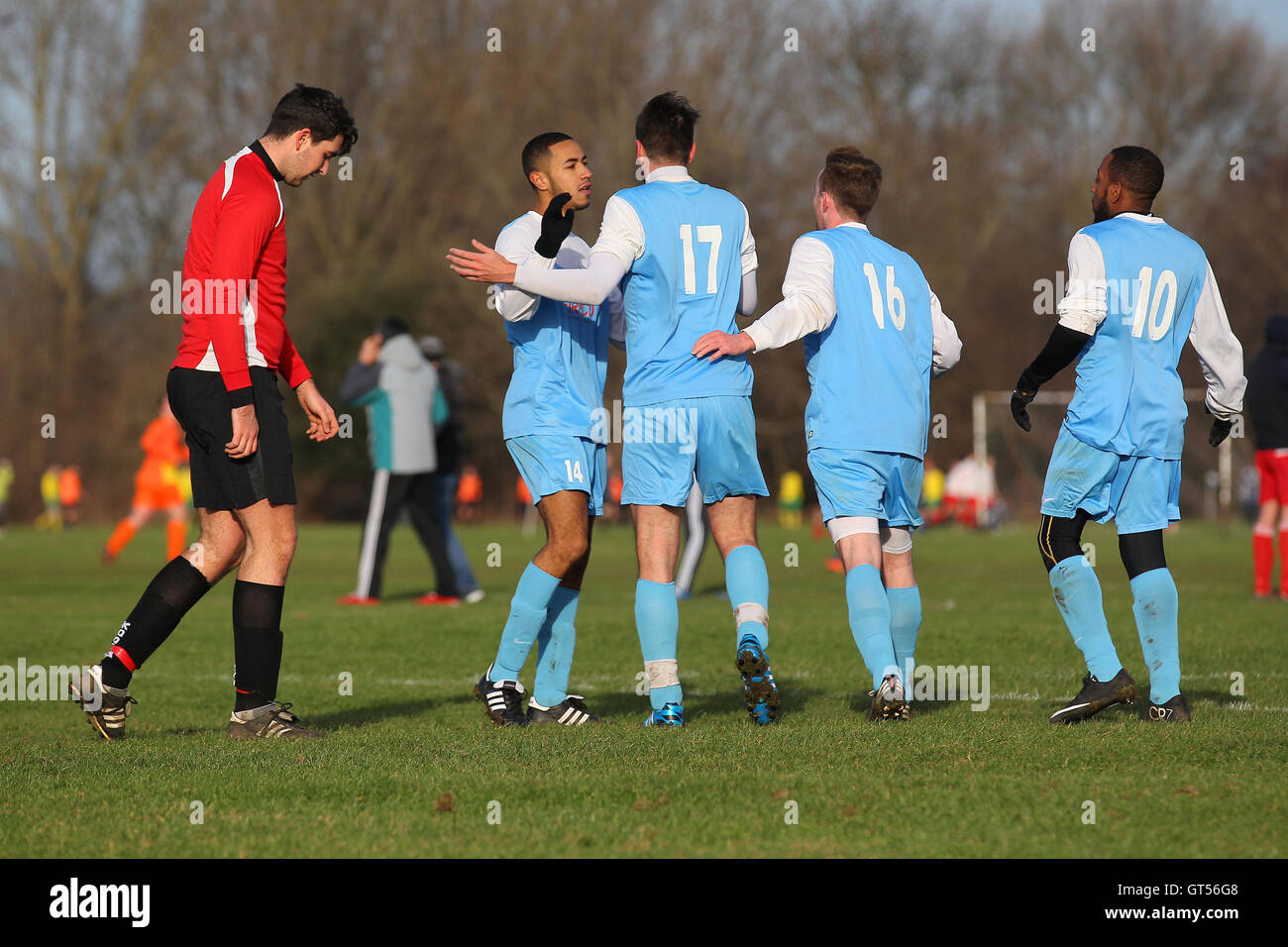 Clapton celebrate their first goal - Clapton Rangers (blue/white) vs ...