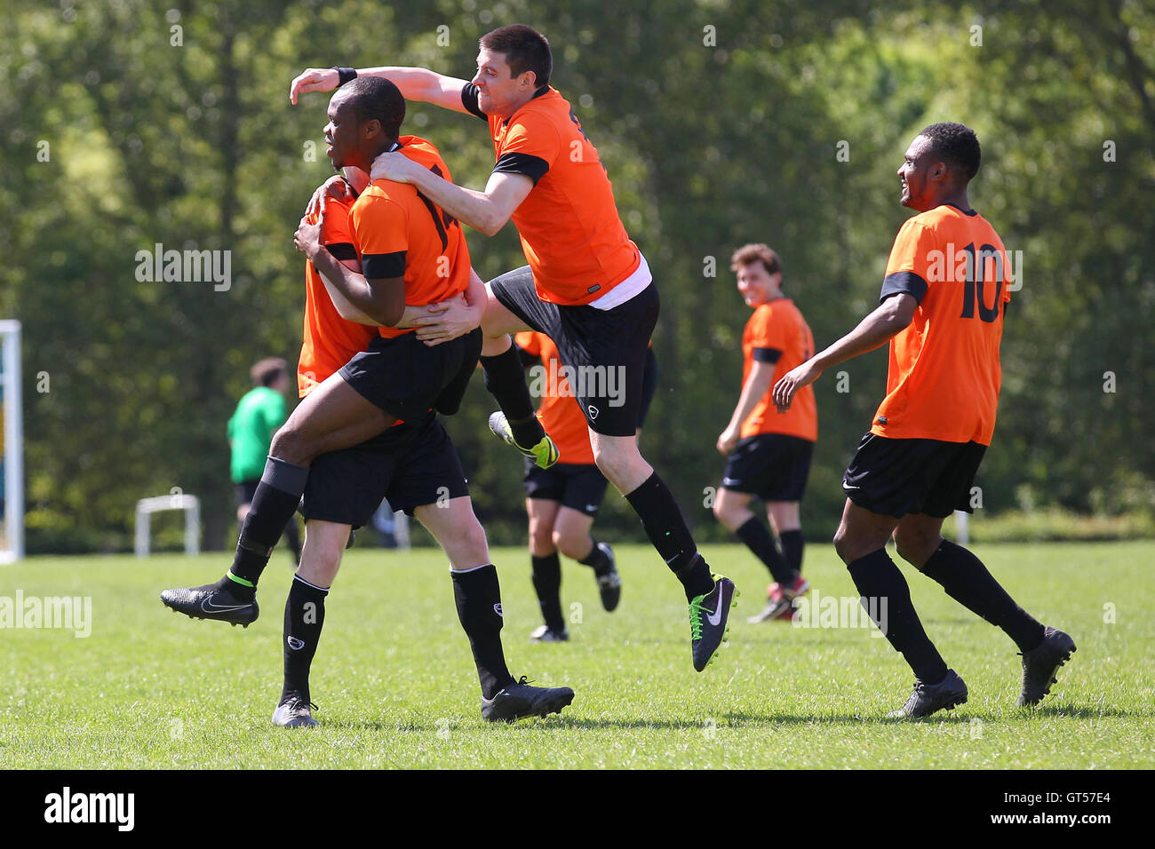 Mustard score their third goal and celebrate - Clapton Rangers (blue ...