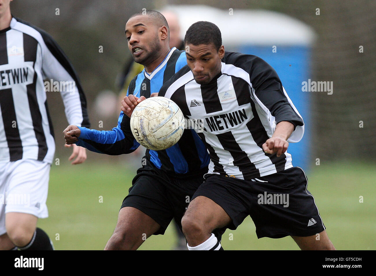 FC Metwin (black/white stripes) vs Hackney Borough (blue/black stripes ...