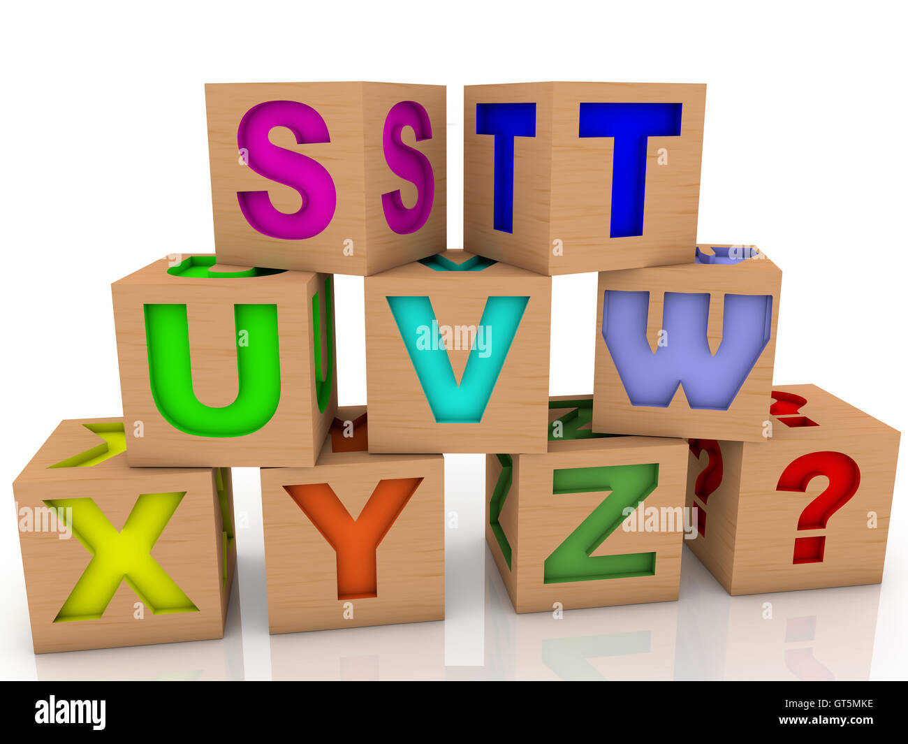 Wooden toy cubes with differents letters and question mark Stock Photo ...