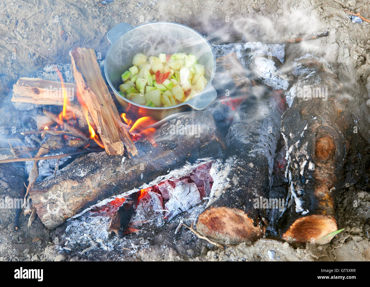cooking on fire at picnic, food prepared in pot on wood, potatoes and ...