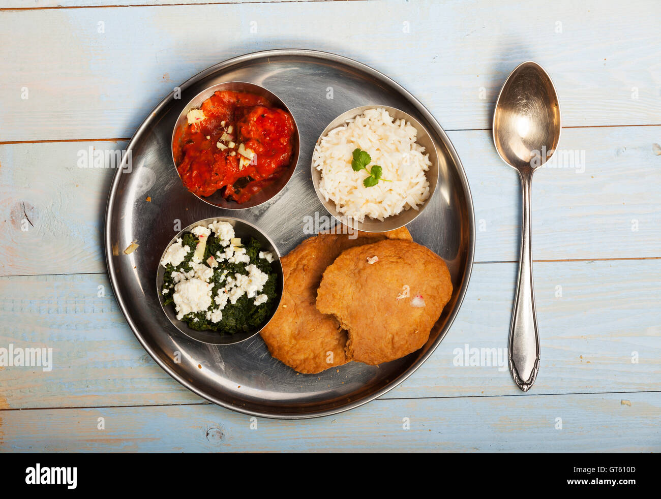 mixed indian thali food with rice Stock Photo - Alamy