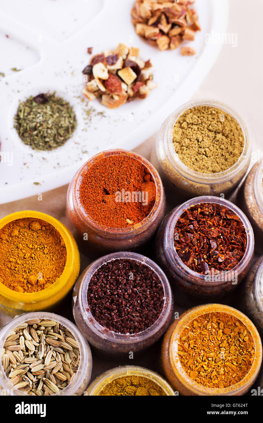Assorted spices and dry tea in boxes Stock Photo - Alamy