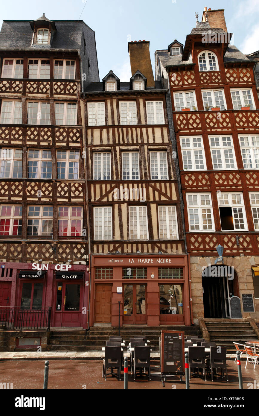 Crooked leaning half timbered houses in Rennes old town, Brittany ...