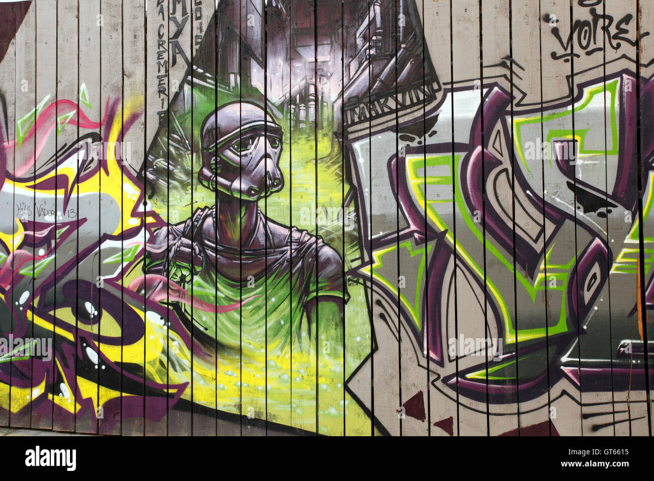 Futuristic Graffiti on wooden boards in Rennes, France Stock Photo - Alamy