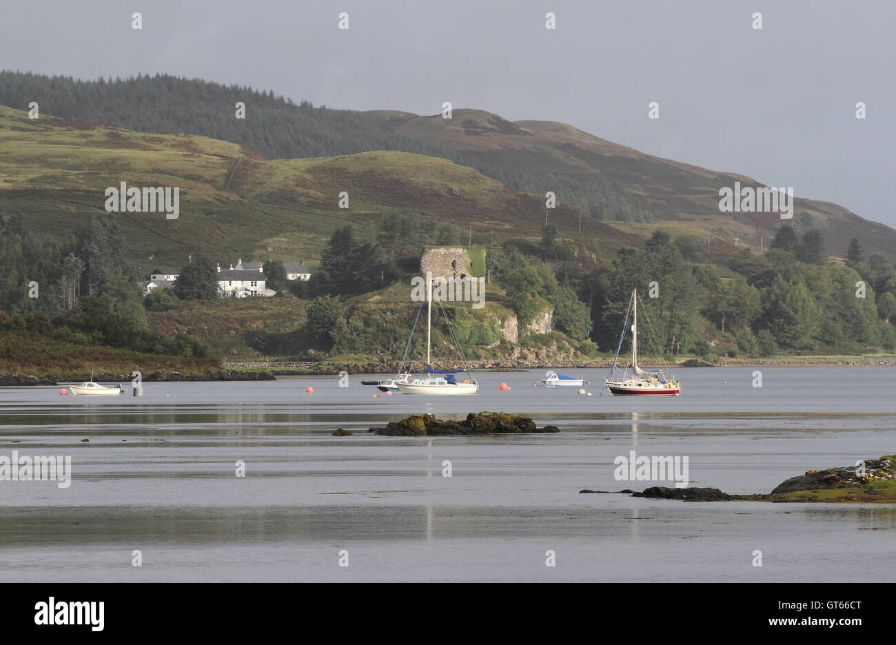 Yachts and Aros castle near Salen Isle of Mull Scotland September 2016 ...
