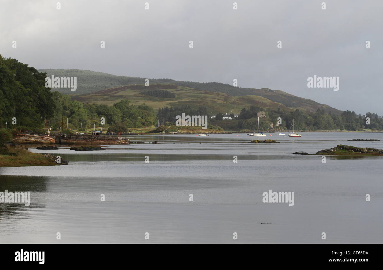 Yachts and Aros castle near Salen Isle of Mull Scotland September 2016 ...