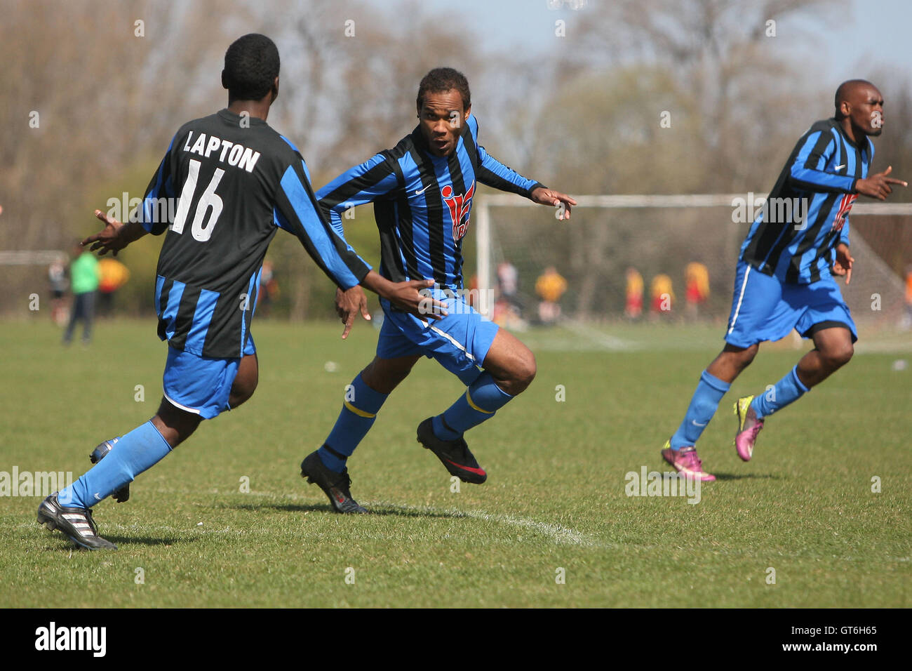 Lapton score their first goal and celebrate - Lapton (blue/black) vs ...
