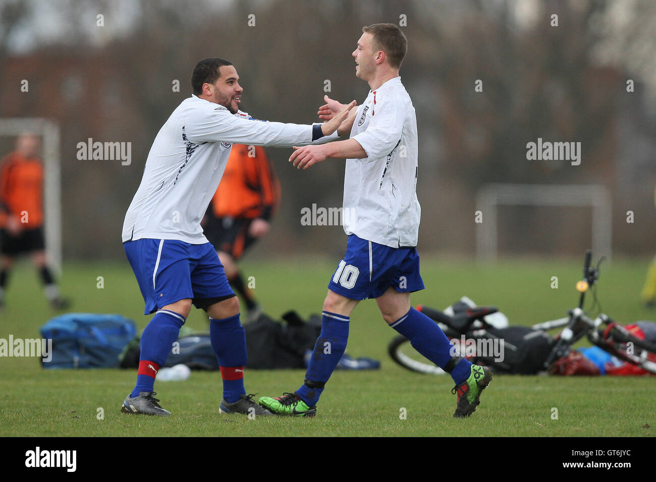 Mile End celebrate their first goal - Mile End (white/blue) vs Army ...