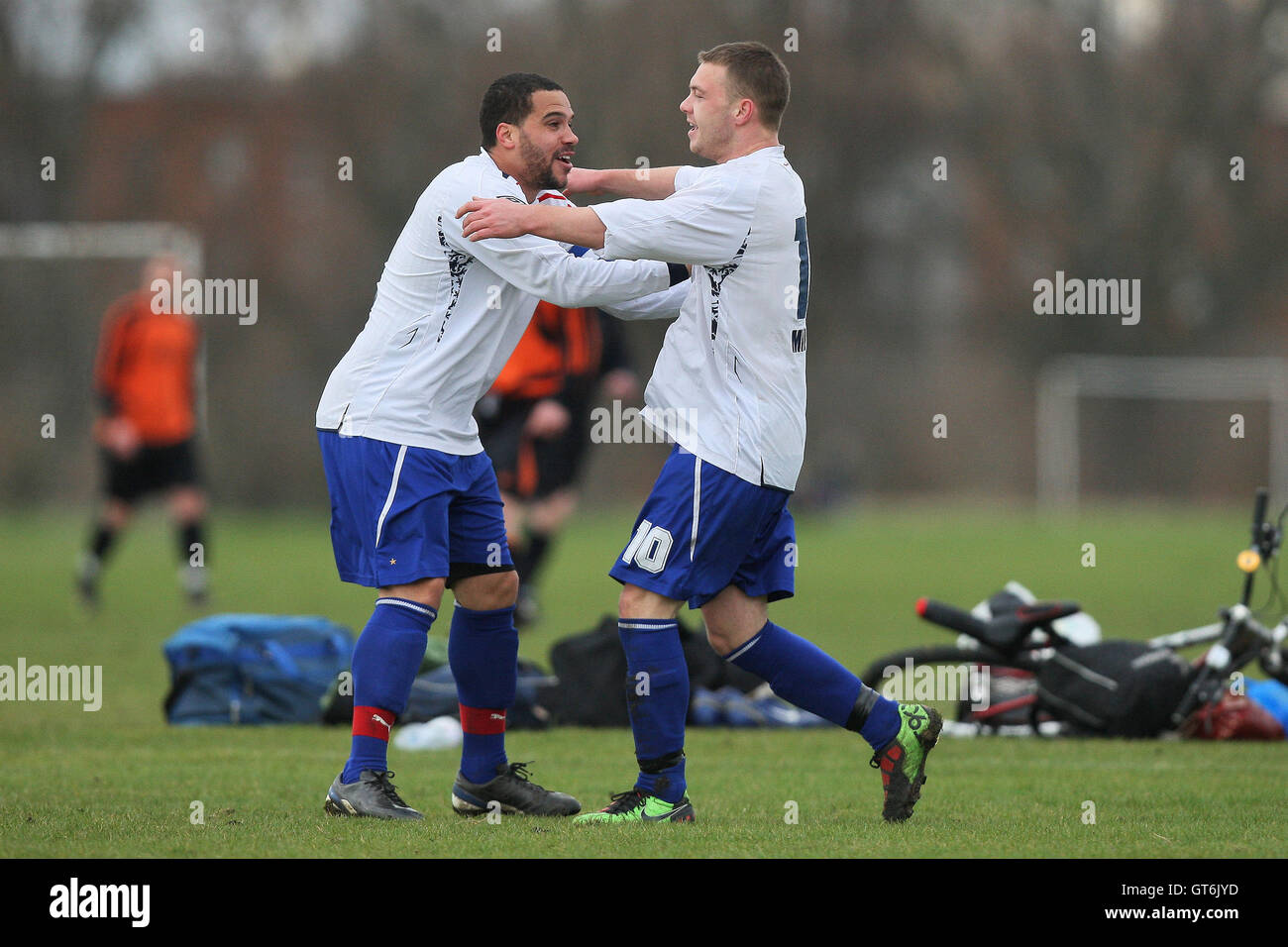 Mile End celebrate their first goal - Mile End (white/blue) vs Army ...