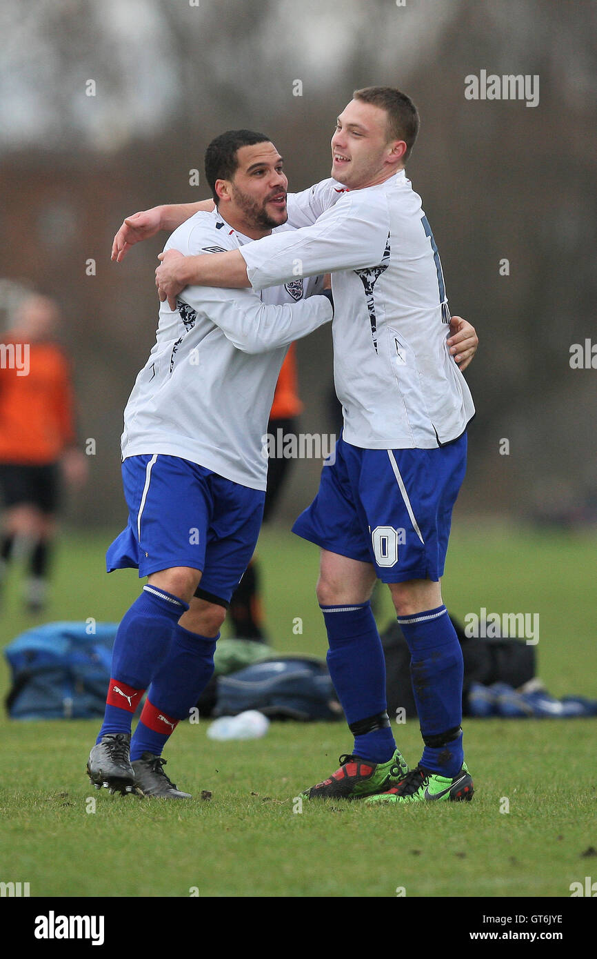 Mile End celebrate their first goal - Mile End (white/blue) vs Army ...