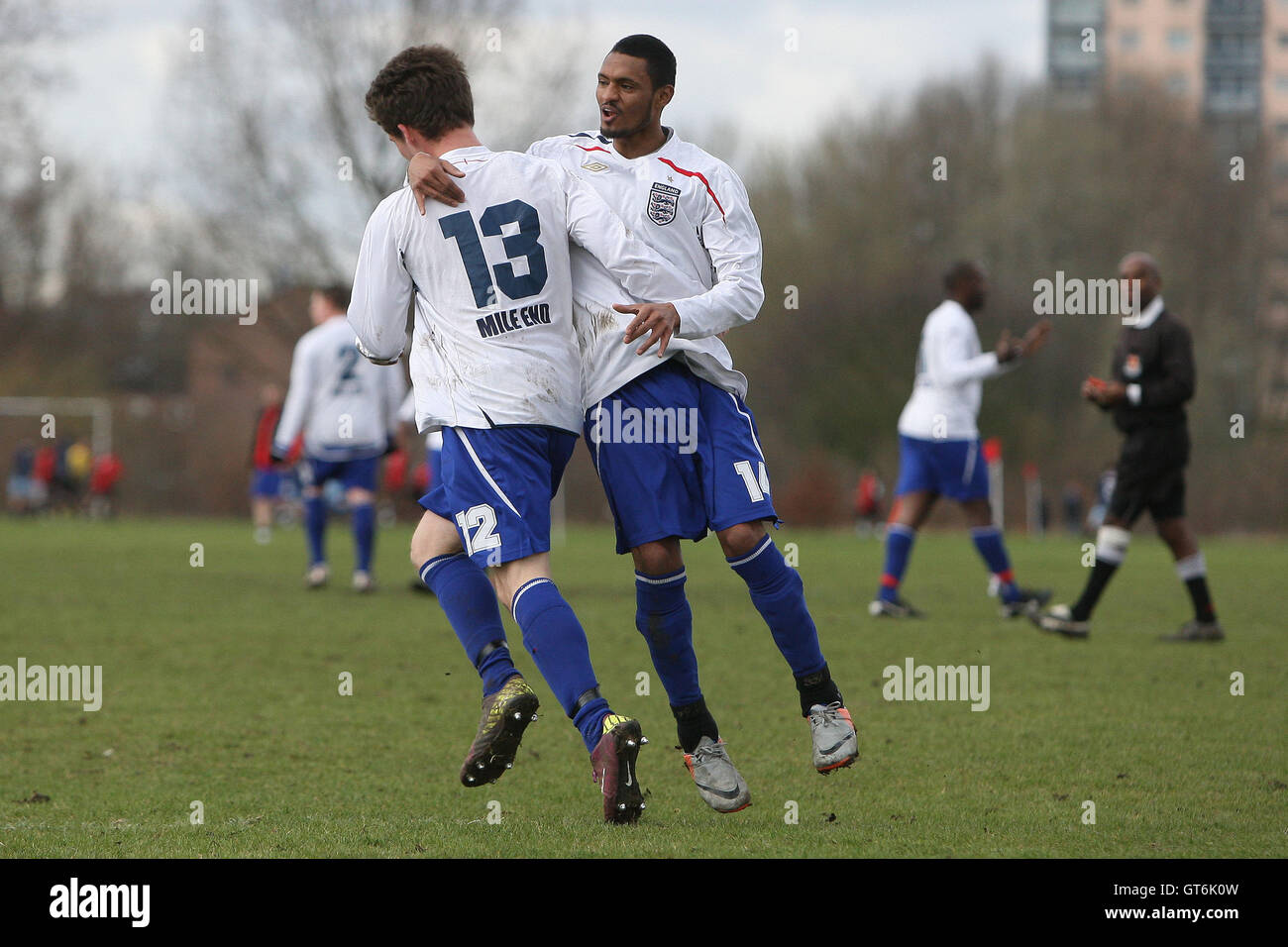 Mile End celebrate their second goal - Mile End (white/blue) vs Army ...