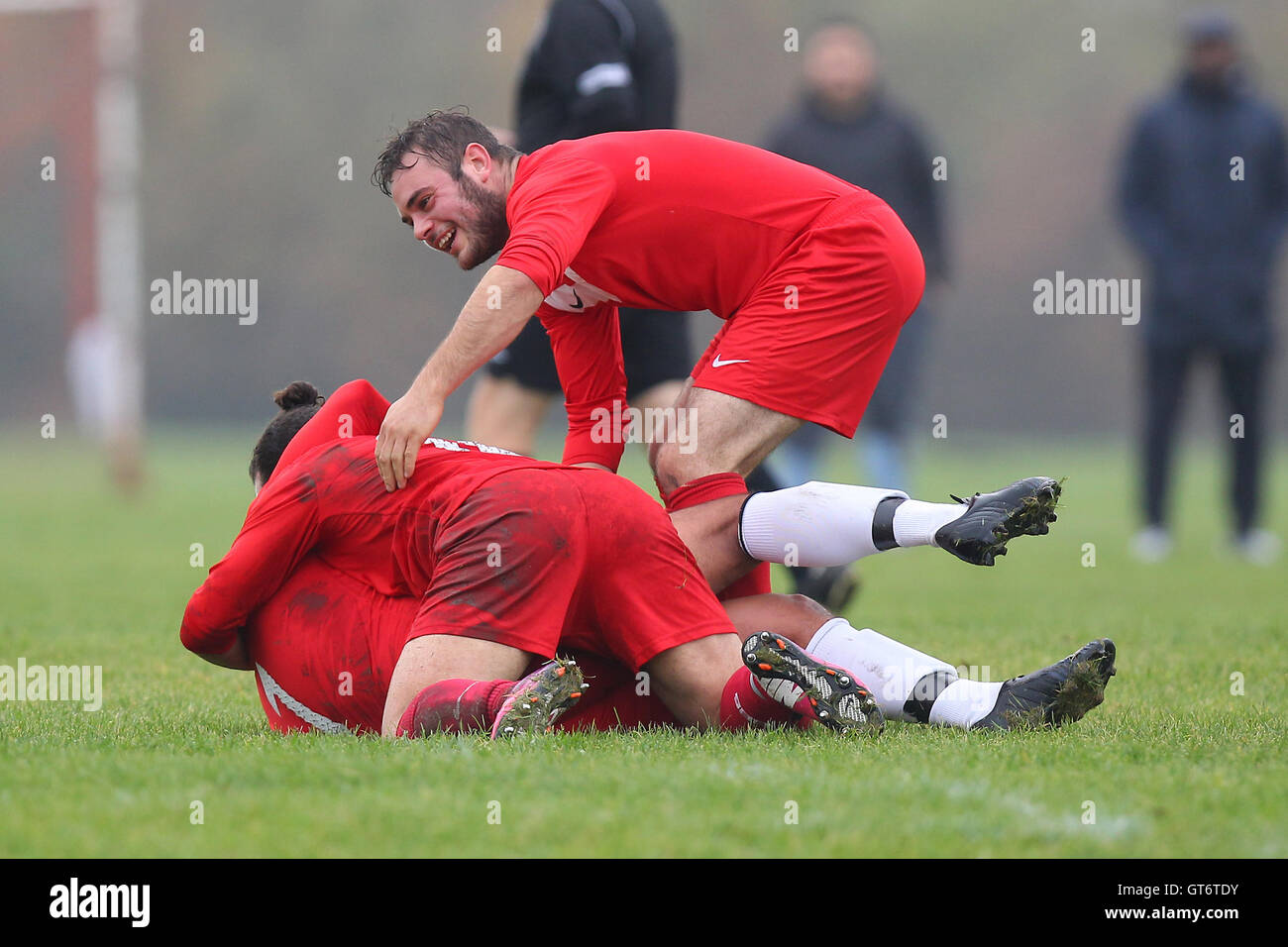 Shakespeare celebrate their first goal - Shakespeare (red) vs Clapton ...